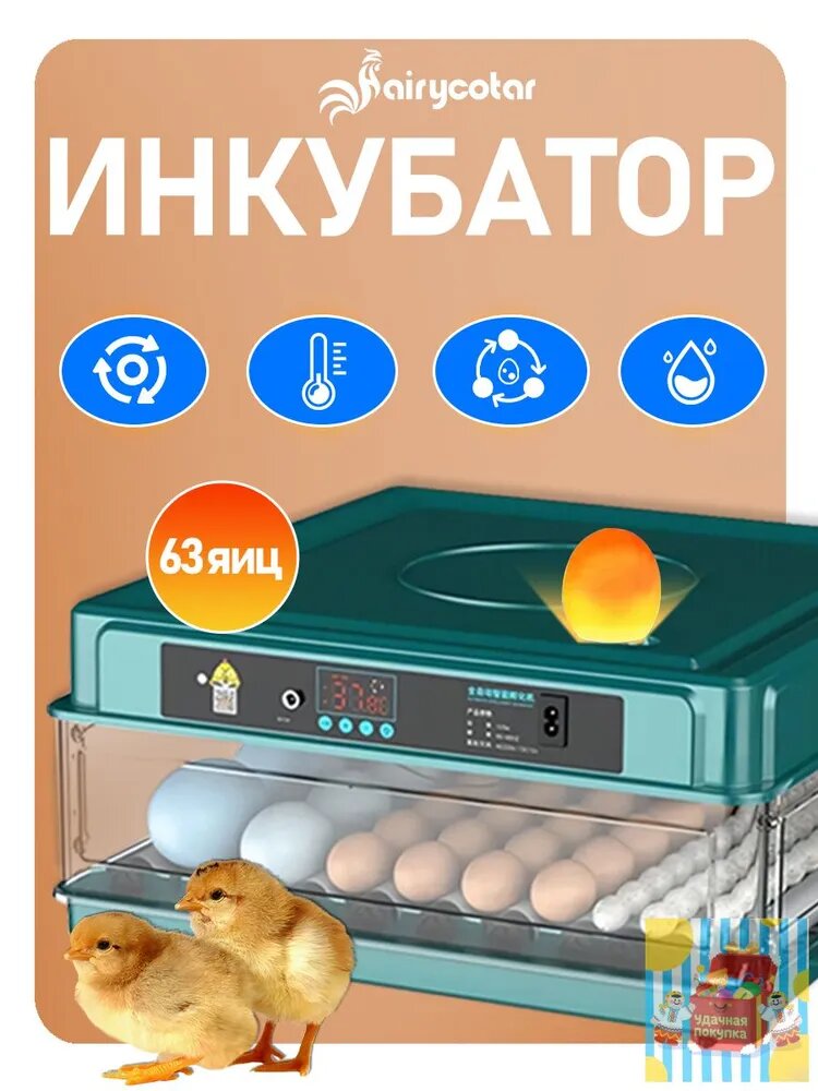 Hairycotar G64 Инкубатор для яиц автоматический терморегулятором, овоскопом, автоповоротом на 64 куриных, 150 перепелиных, 42 утиных/индюшиных, 32 гусиных яиц 220B/12V