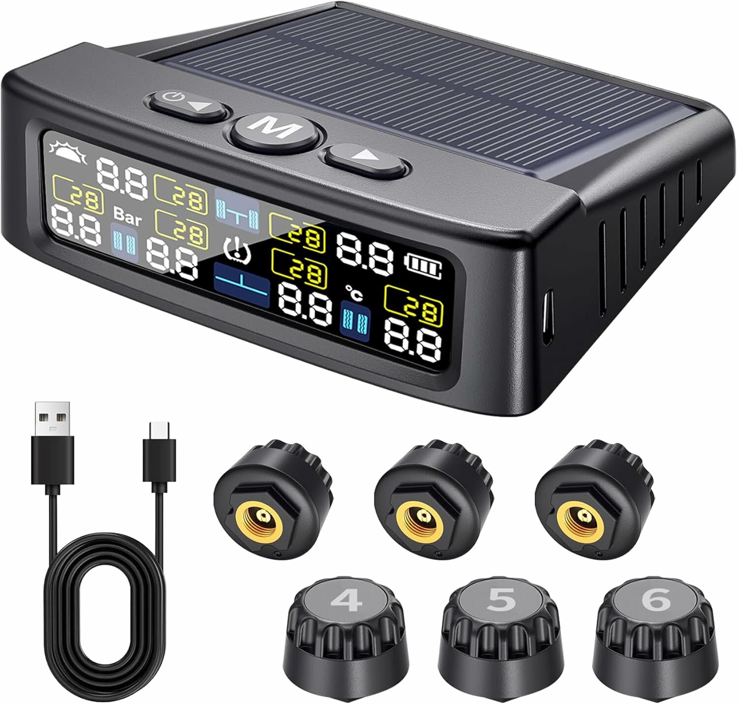 Система контроля давления в шинах автодома - TPMS Монитор давления в шинах с 6 датчиками, M12-3 TPMS с солнечной зарядко
