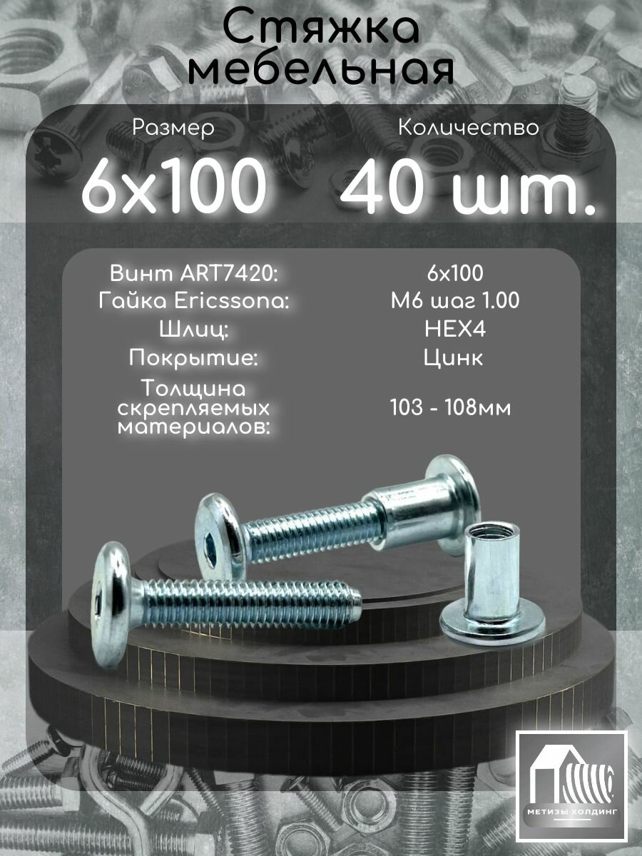 Стяжка мебельная М6х100, винт ART7420 и гайка ERICSSONA М6, 40 шт.