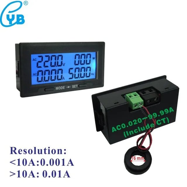 Цифровой вольтметр амперметр YB DC8-18V AC100A(split), Power supply DC8-18V