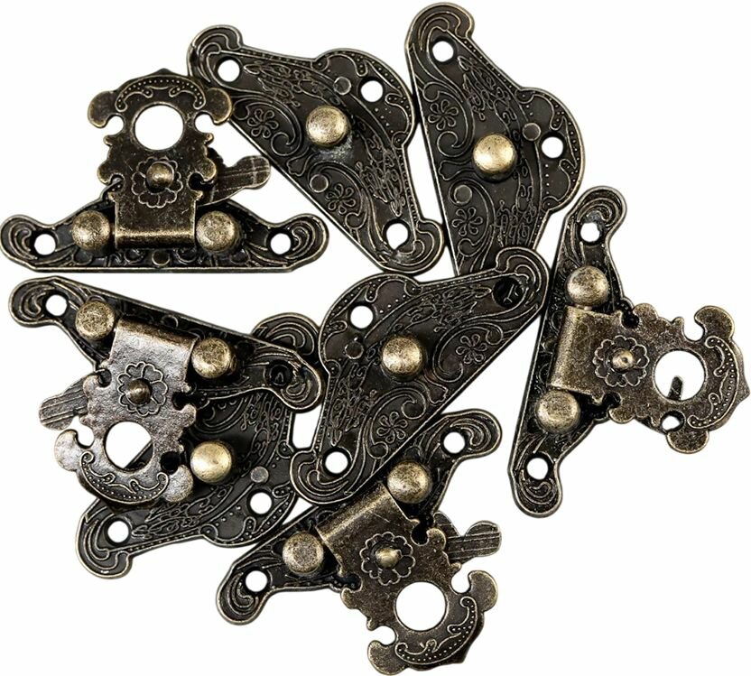 Замок металлический накидной "Старинный" с крючком для шкатулки, декоративный замочек с защелкой для сундучка и ключницы, набор фурнитуры для коробки и альбома 4 штуки, цвет бронза