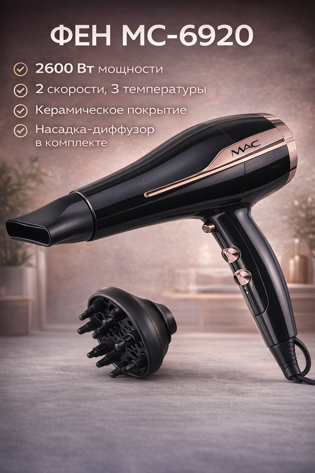 Фен для волос 2600 Вт с диффузором профессиональный MC-6920 VoltZone мощный фен для укладки