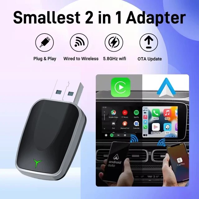 Беспроводной адаптер для CarPlay и Android Auto, совместимый с автомобилями Toyota, Mazda, Nissan, Camry, Suzuki, Subaru, Citroen, Audi, Mercedes-Benz, Kia, Ford и Opel, поддерживающий Spotify и Bluetooth.