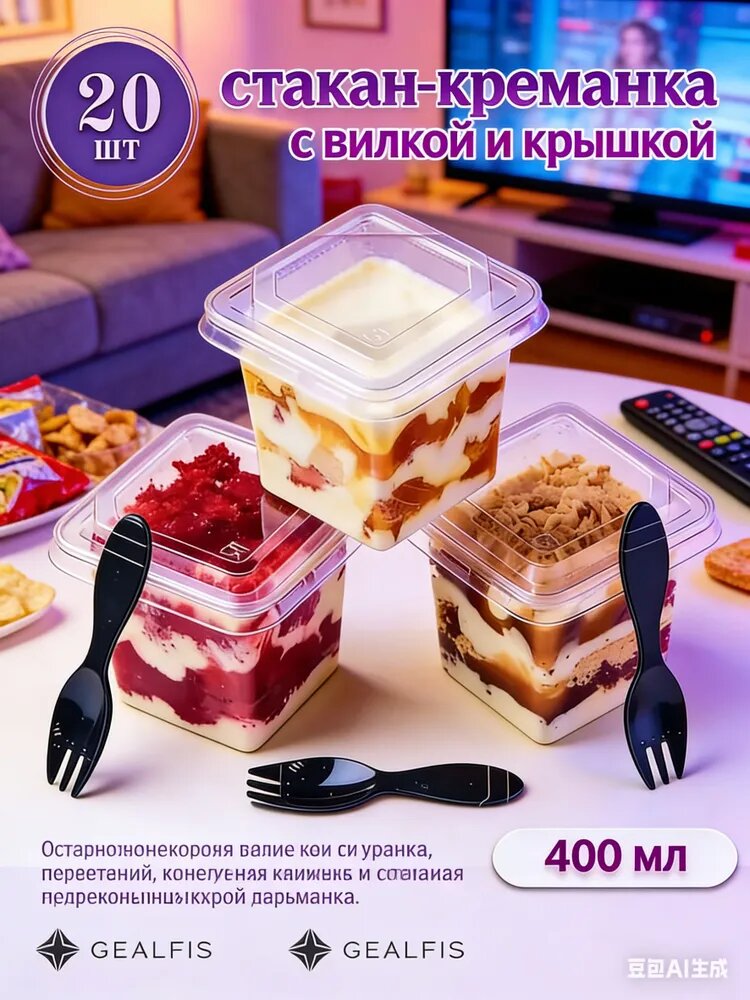 Стакан контейнер одноразовый для десертов с крышкой и вилкой, креманка пластиковая набор 20 шт по 400 мл.
