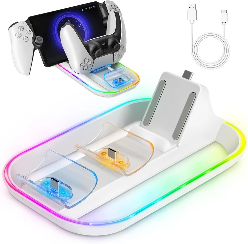 Зарядная станция PlayStation Portal с 14 лампами RGB и кабелем USB C, белый
