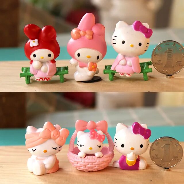 Набор из 6 миниатюрных мультяшных игрушек Hello Kitty из ПВХ, куклы Hello Kitty в стиле аниме, украшение для торта, подарок на день рождения для детей.