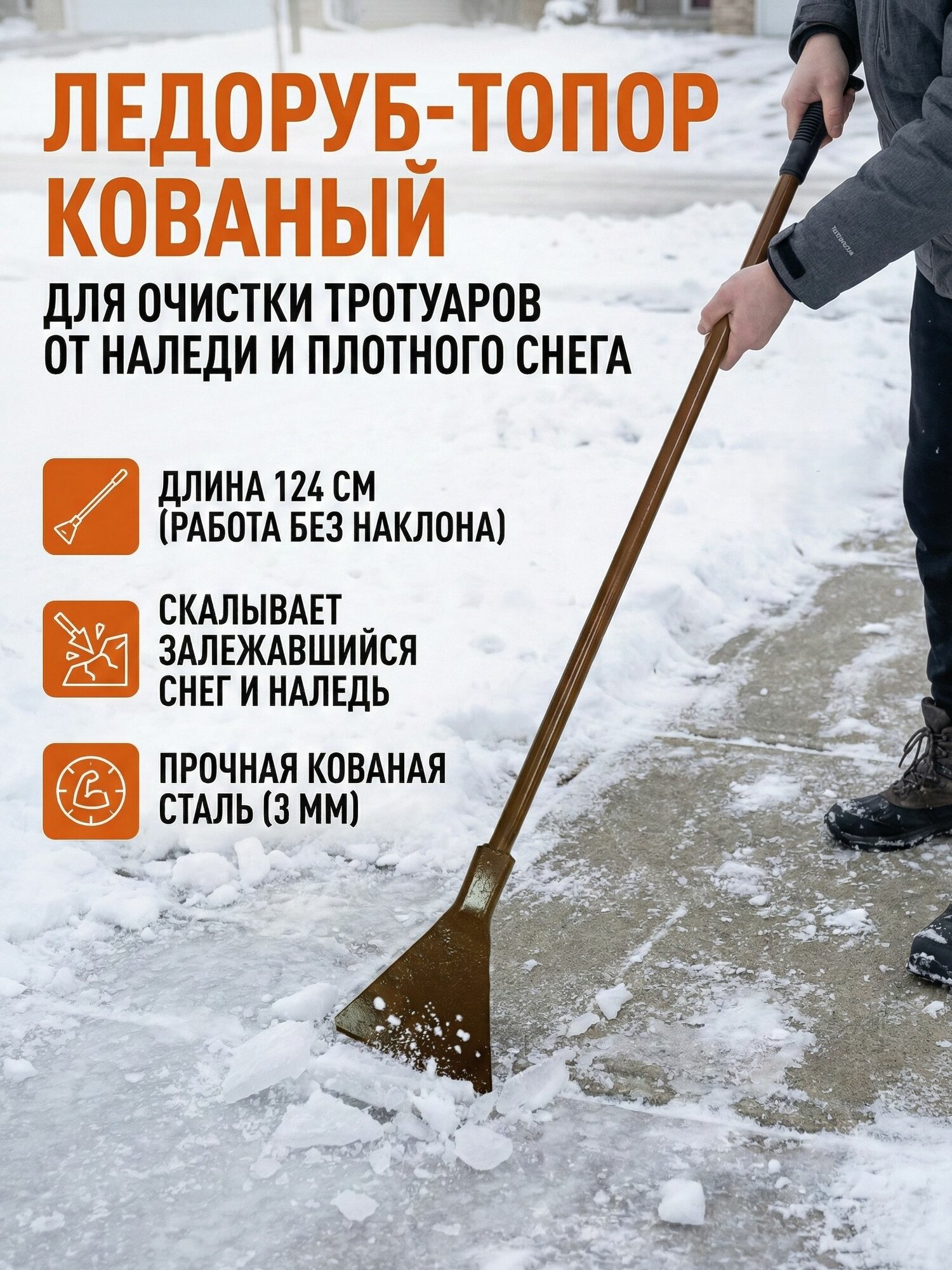 Ледоруб-топор, 124 см, из закаленной стали, с приваренным металлическим черенком: для колки льда и соскребания плотного снегового слоя, не повреждает покрытия из брусчатки, бетона и кафельной плитки