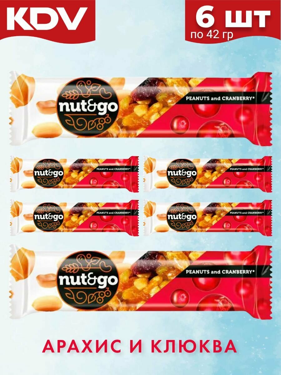 Батончик Nut&Go Арахис и Клюква 6 штук по 42 гр энергетические батончики
