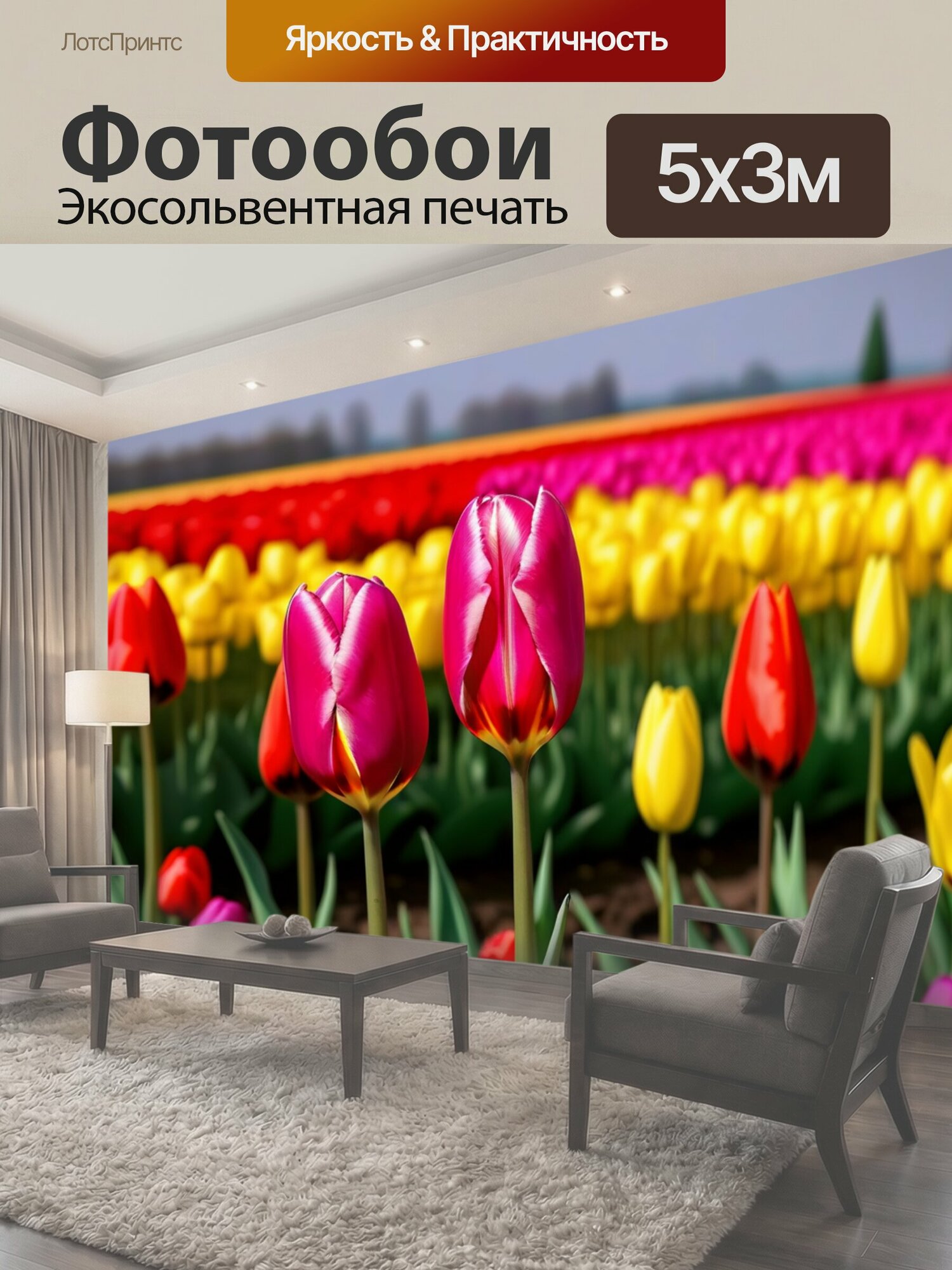 Фотообои "Тюльпан грация на поле с другими тюльпанами" 500x300 см. экосольвентная печать