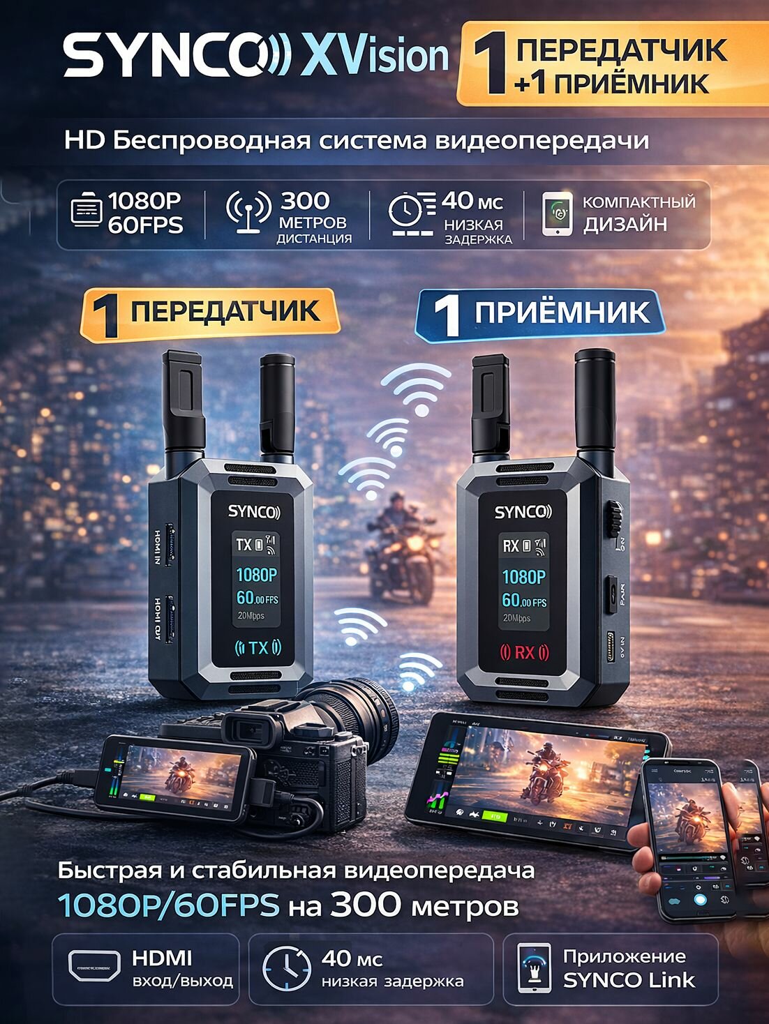 SYNCO XVision HD беспроводная система передачи видео, 1080P/60fps, дальность до 300 м, задержка 40 мс, мониторинг в реальном времени, для съемки, TVC и стриминга