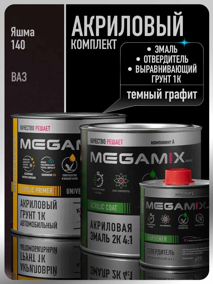 Комплект Акриловая краска автомобильная 2К , Яшма 140, 840мл + Отвердитель 2K 210 мл + Грунт акриловый 1К , темный графит, 800 г