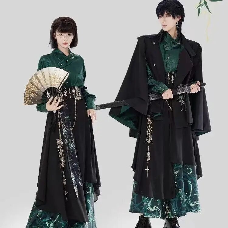 Костюм Hanfu черный с принтом змей, полиэстер