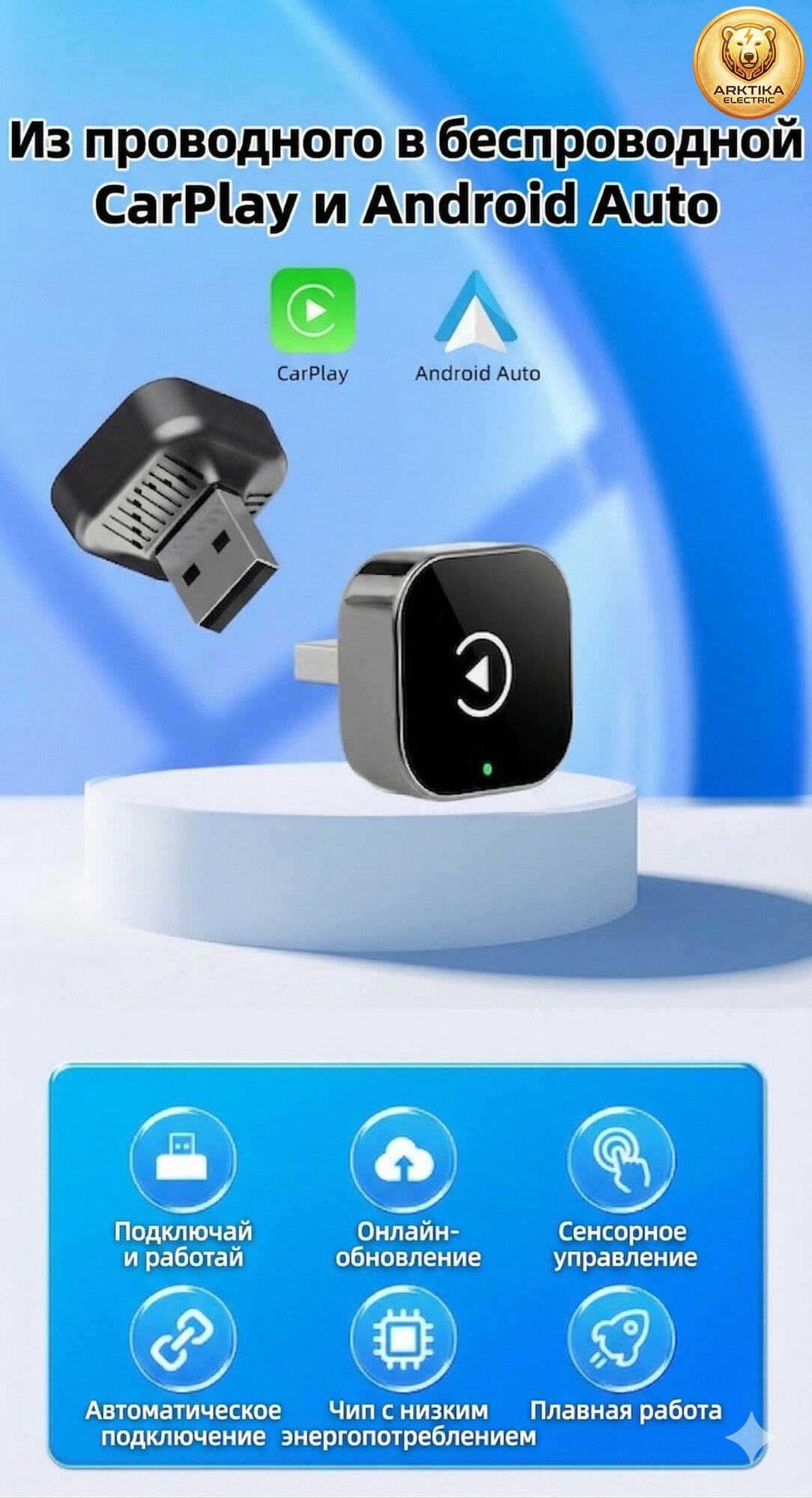 Беспроводной CarPlay и Android Auto адаптер для автомобиля, 2 в 1, подключение с проводного к беспроводному