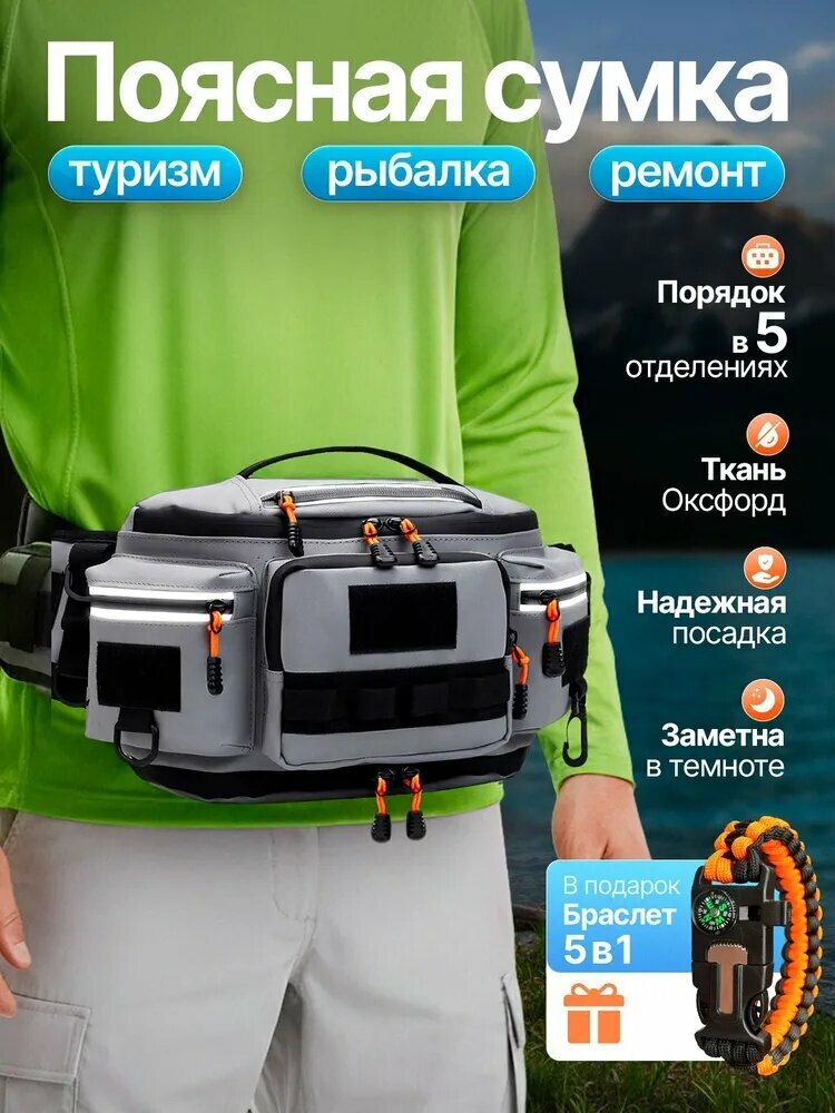 Сумка для рыбалки поясная тактическая, R-3-1-3, серый