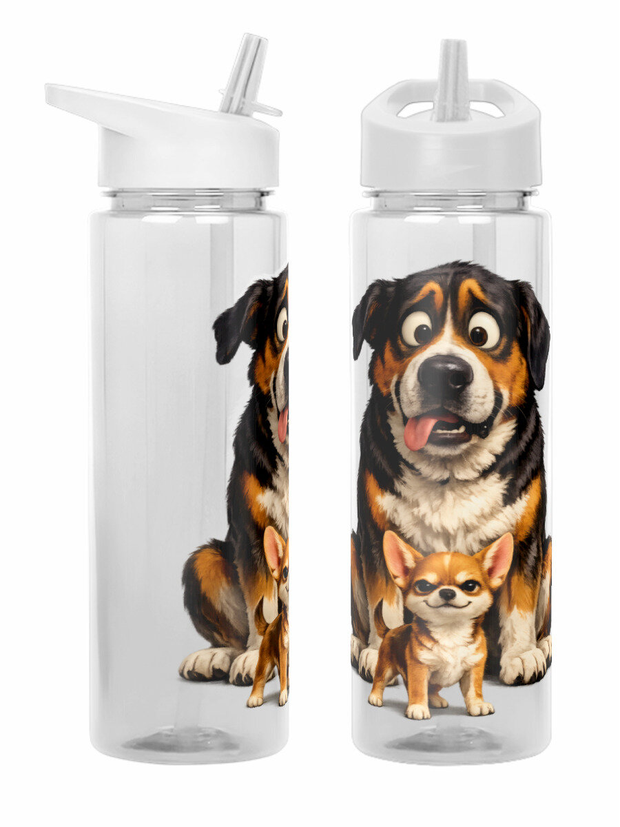 Бутылка белая для воды с принтом Большая собака и маленький щенок