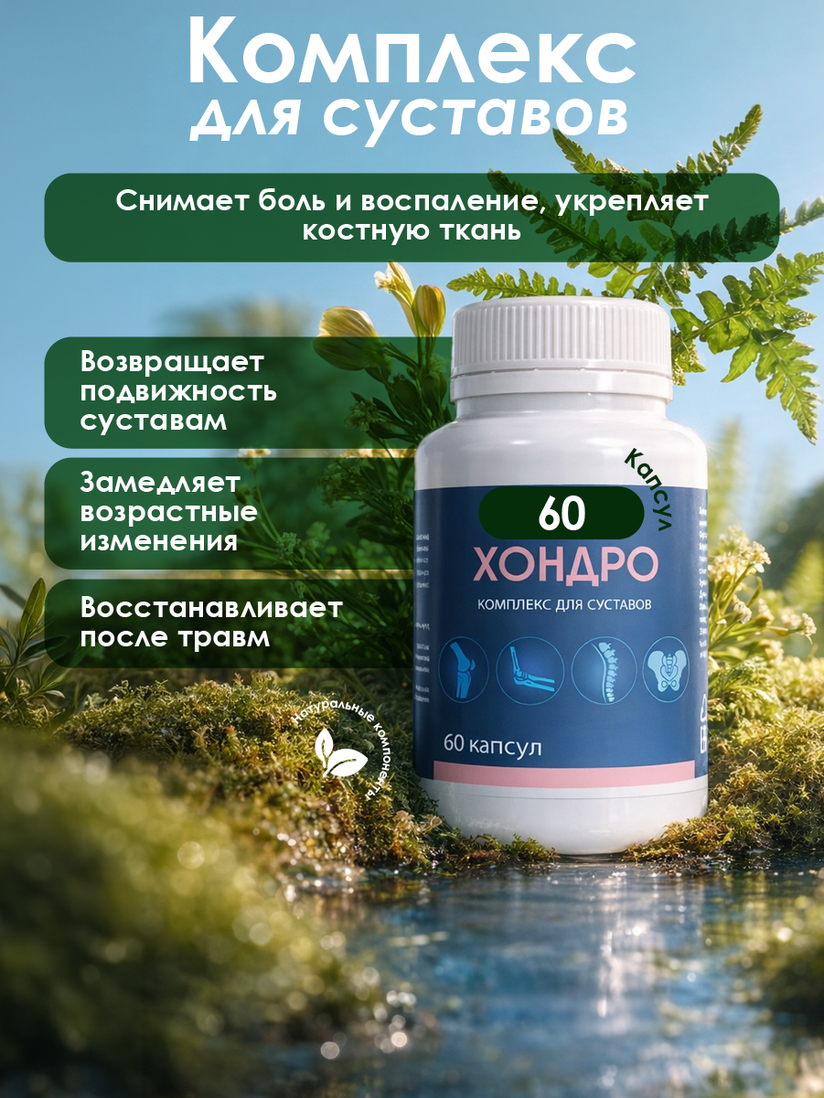 Хондро, комплекс для здоровья суставов и позвоночника, натуральный состав, 60 капсул