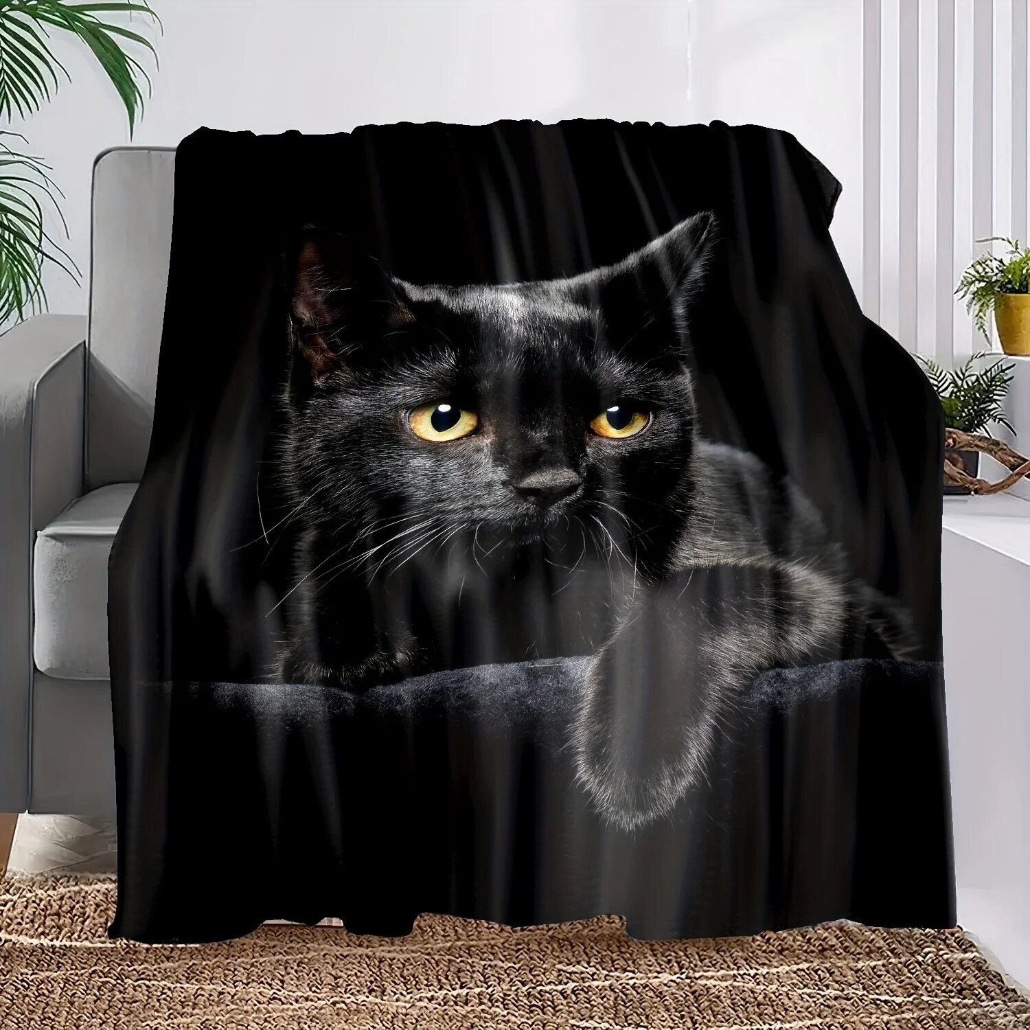 Коралловый плед из флиса с принтом черной кошки 75x100cm