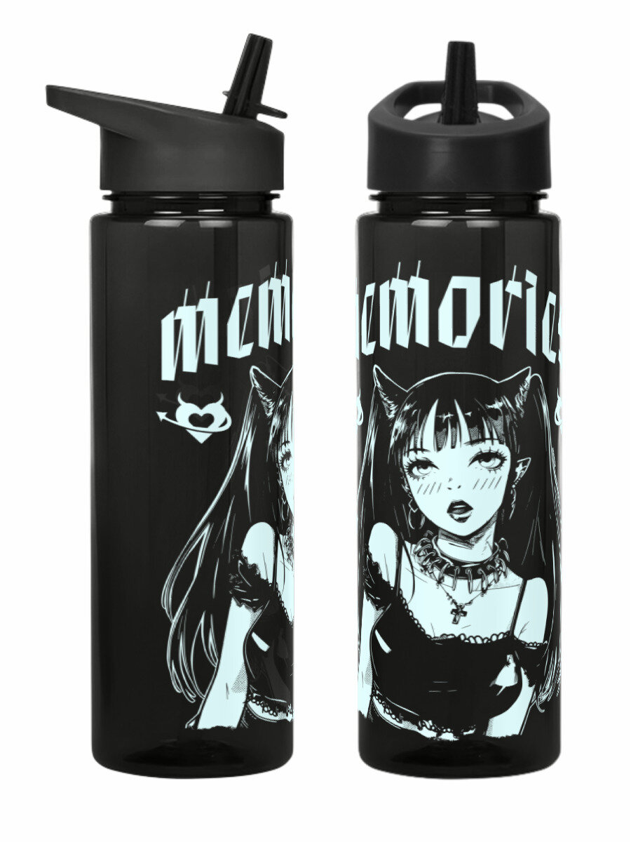 Бутылка черная для воды с принтом Memories, Аниме девушка, Готическая девушка