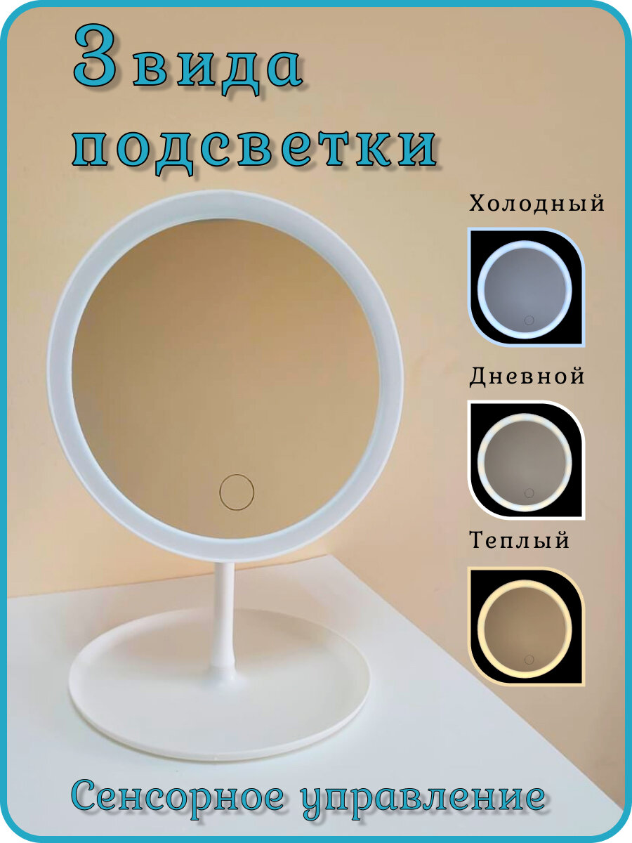 Зеркало косметическое, с подсветкой, сенсорное, ЗКБП-2615 круглое, белое