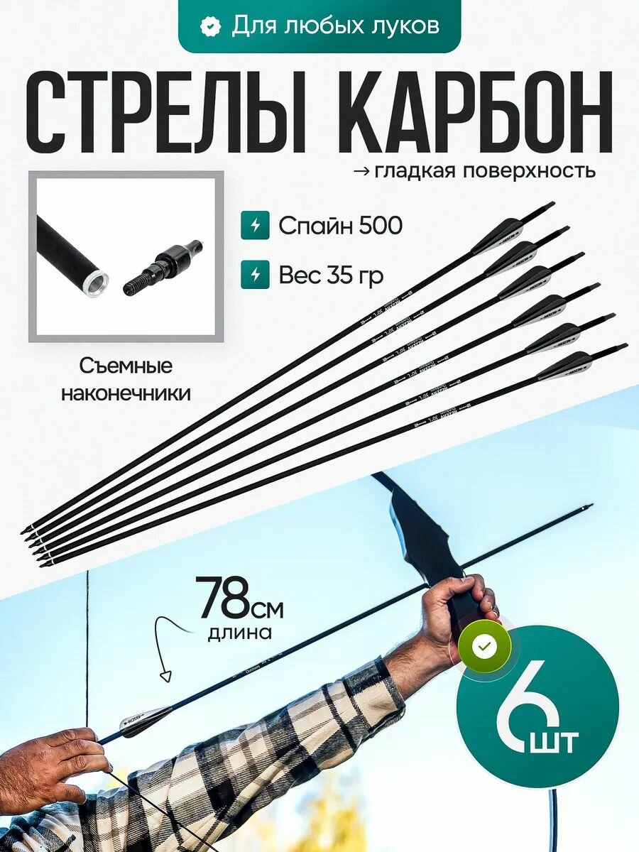 Стрелы для лука, 6 шт, карбоновые крученые (спиральные), съемные наконечники