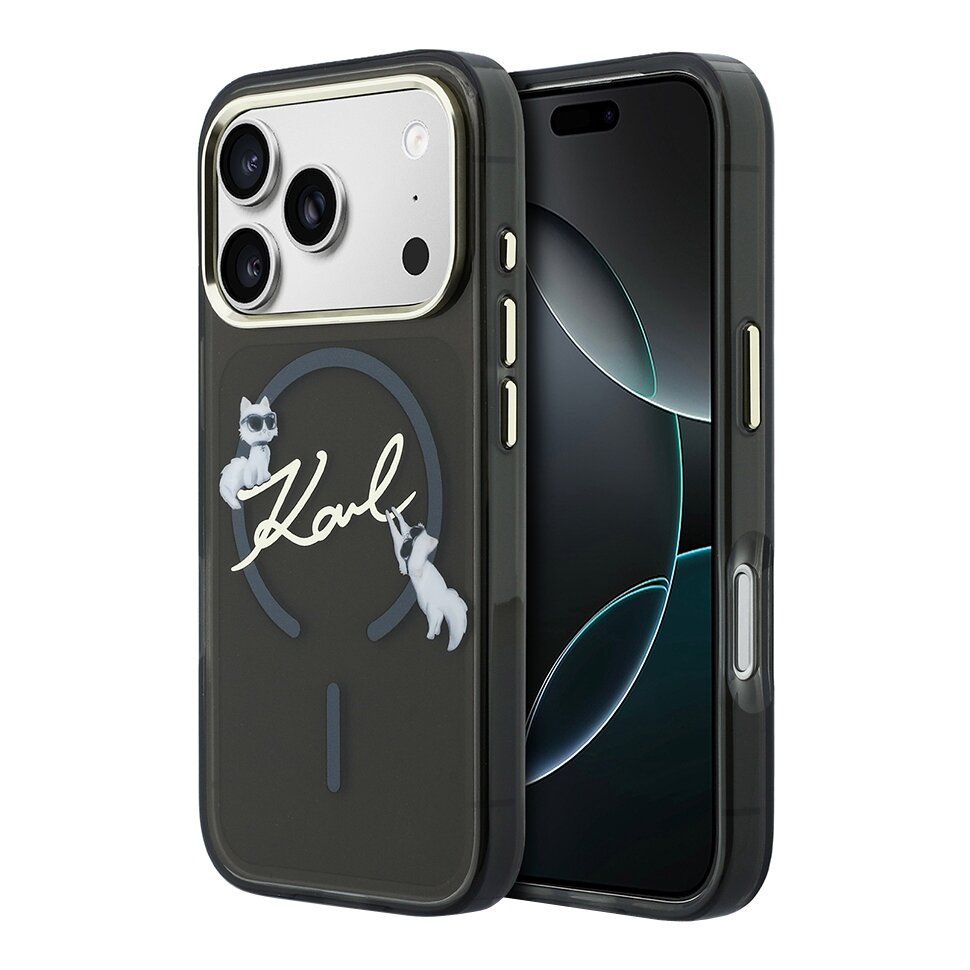 Karl Lagerfeld чехол с MagSafe для iPhone 17 Pro, IML NFT Choupettes Script logo Metal Camera, черный