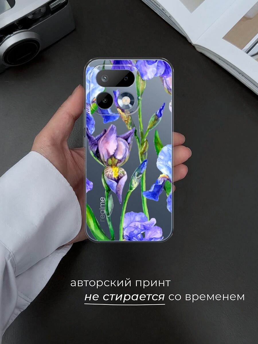 Чехол на Realme 16 Pro / Реалме 16 Про с принтом Синие ирисы, прозрачный — фото 1