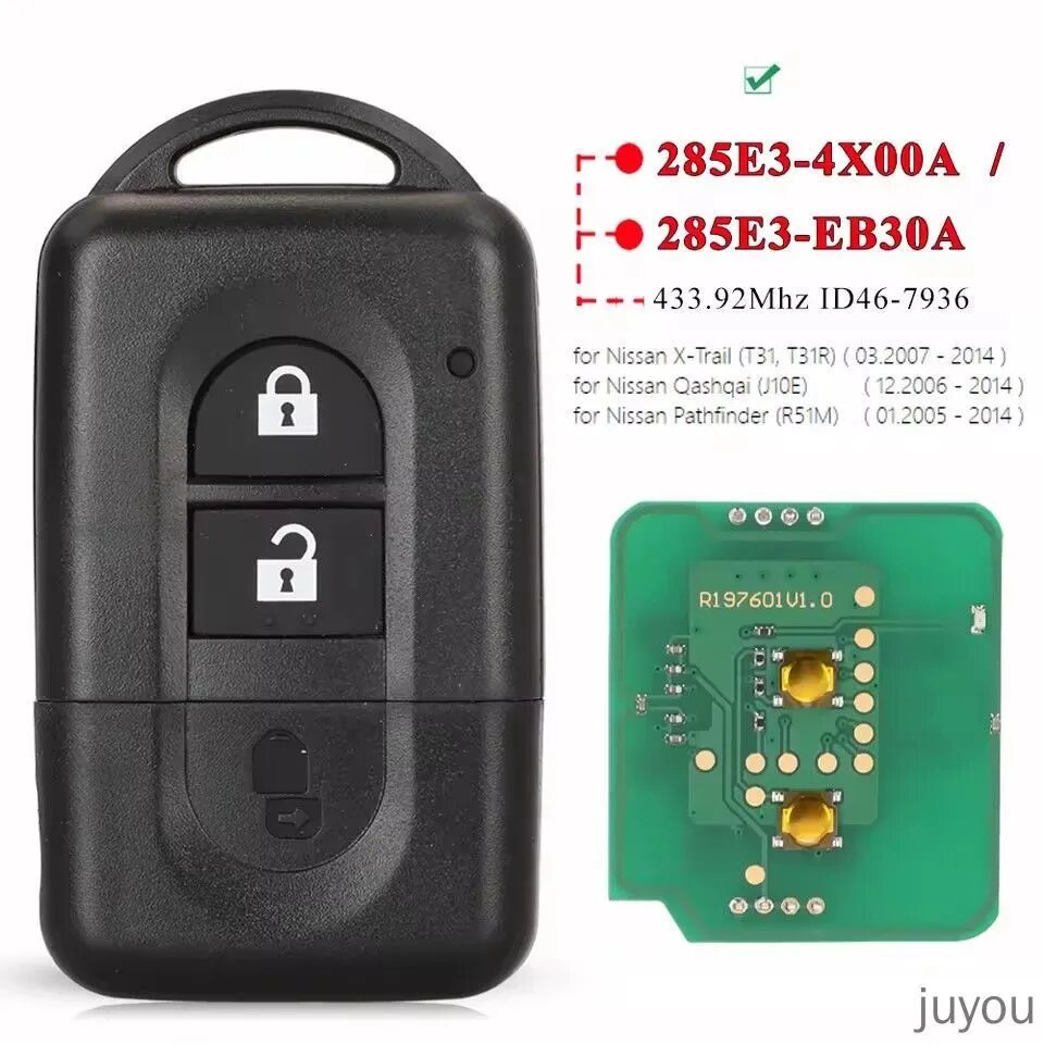 Ключ зажигания 285E34X00A / 285E3EB30A для Nissan, черный, 1 шт.