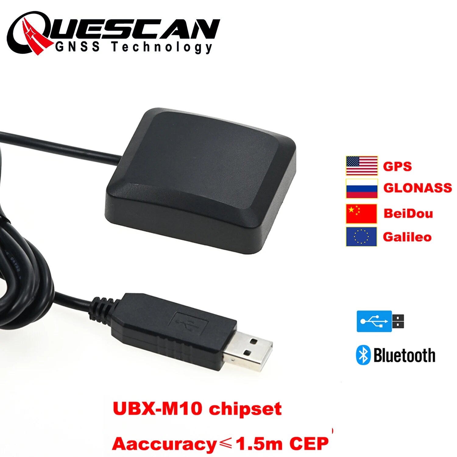 QUESCAN ublox10 u-blox M10 USB Bluetooth ГПС GNSS приемник Android Windows USB ГПС ГЛОНАСС Галилео Бэйдоу QZSS SBAS Антенный NMEA 1-25 Гц