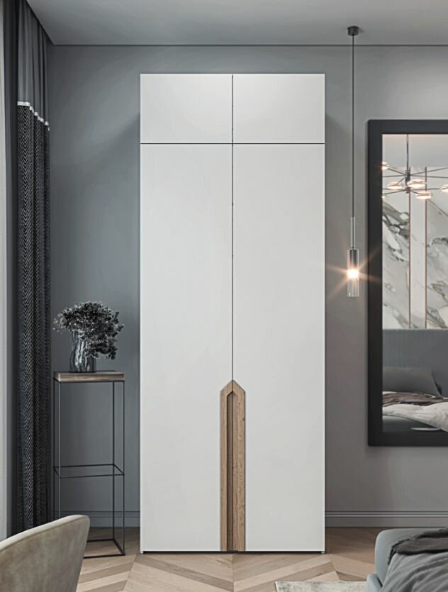 Casa Mia 100x50x270 см. Дизайнерский шкаф для одежды распашной с антресолью, 2-дверный, белый, ручка из массива дуба