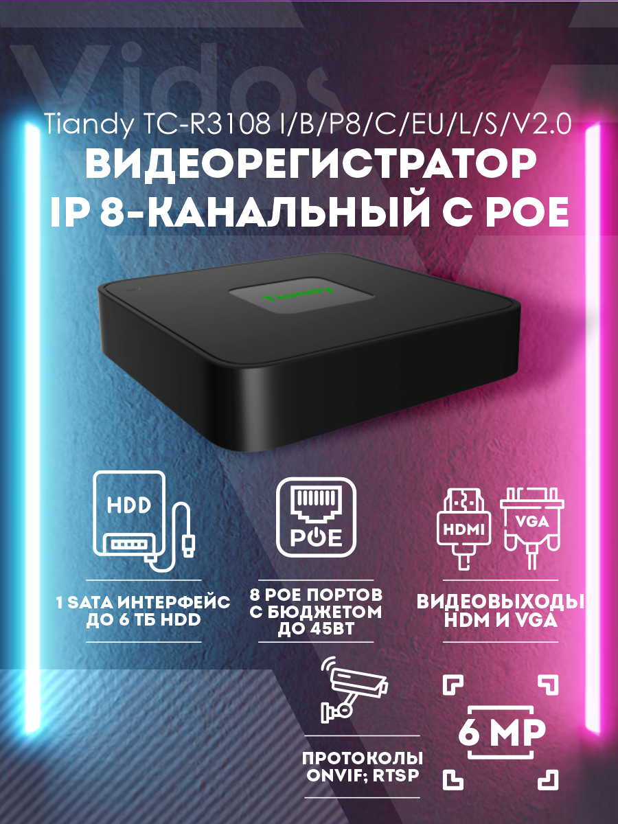 Видеорегистратор TIANDY AK TC-R3108 I/B/P8/C/Eu/L/S/V2.0 , поддержка IP-камер