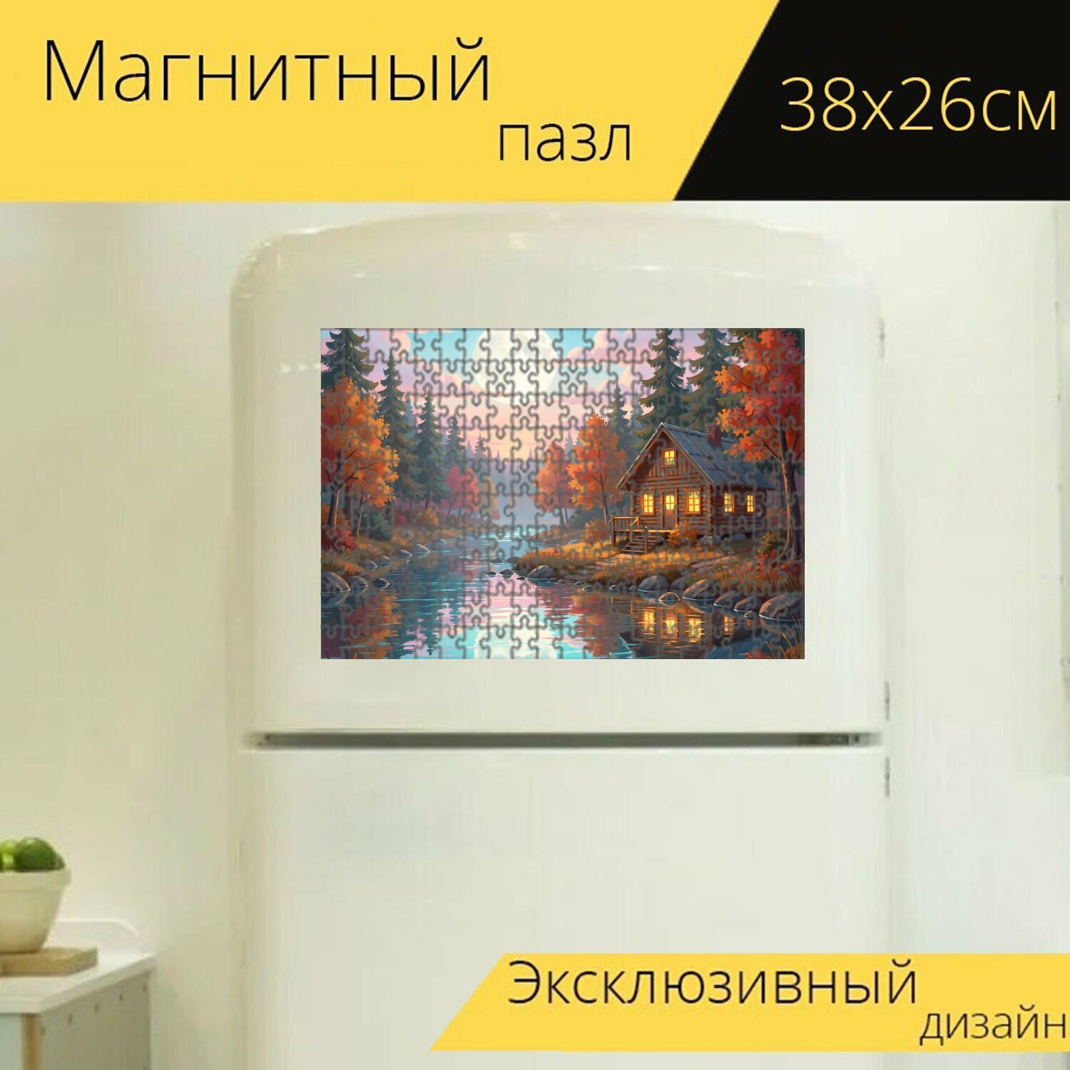 Магнитный пазл "Лесная избушка у реки. Уютный домик на берегу тихой воды среди хвойного леса и осенних деревьев, лунное небо с розовыми облаками, яркие." для интерьера, 38х26 см.