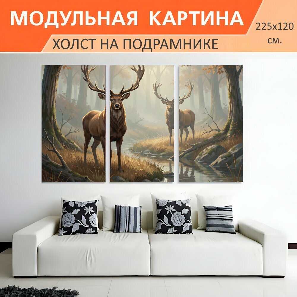 Модульная картина на холсте "Олени в туманном лесу. Живописная сцена с двумя благородными оленями у лесного ручья, мягкий утренний." триптих на подрамнике 225х120 см. для интерьера