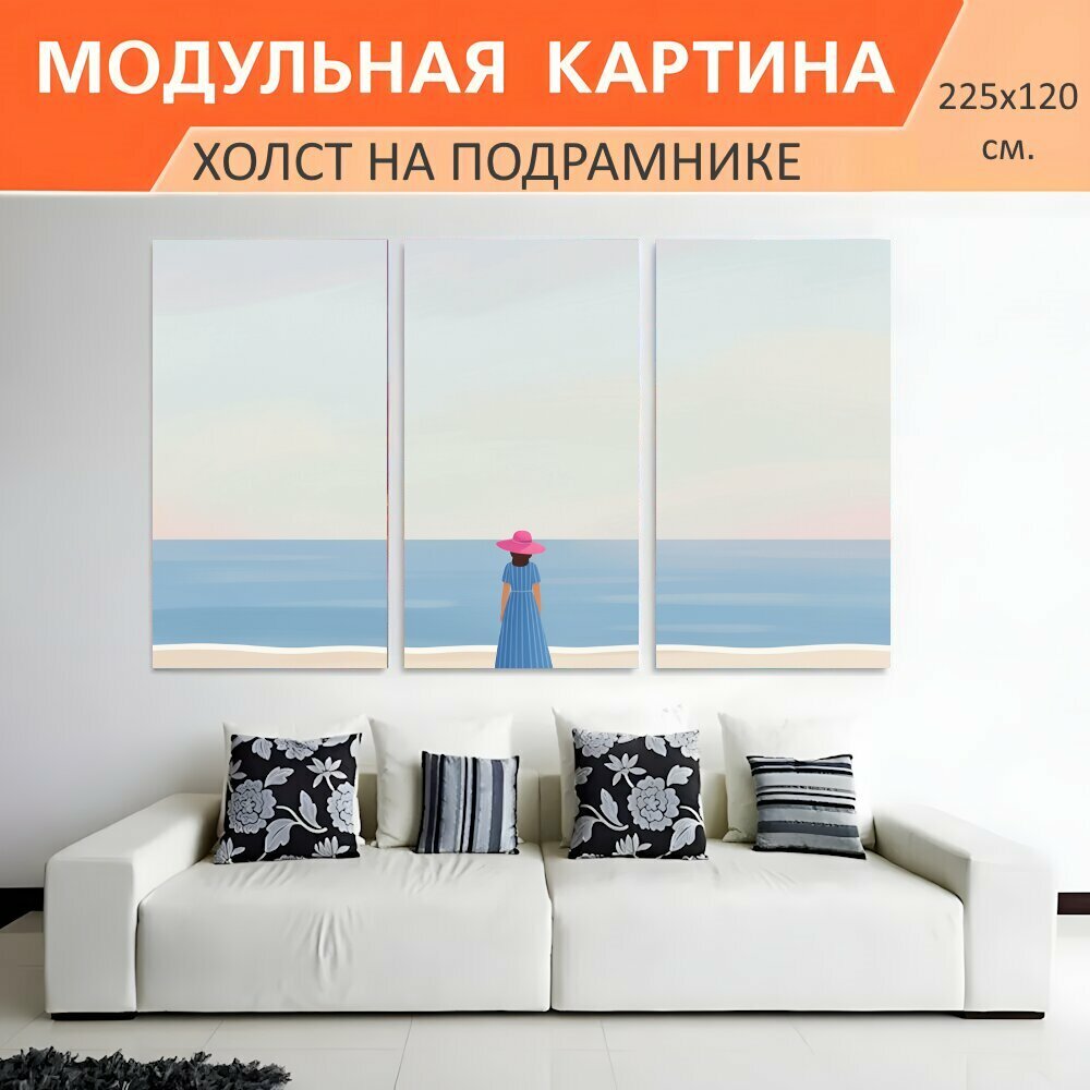 Модульная картина на холсте "Девушка на берегу моря. Минималистичная сцена у кромки воды: одинокая фигура в розовой шляпе и голубом." триптих на подрамнике 225х120 см. для интерьера