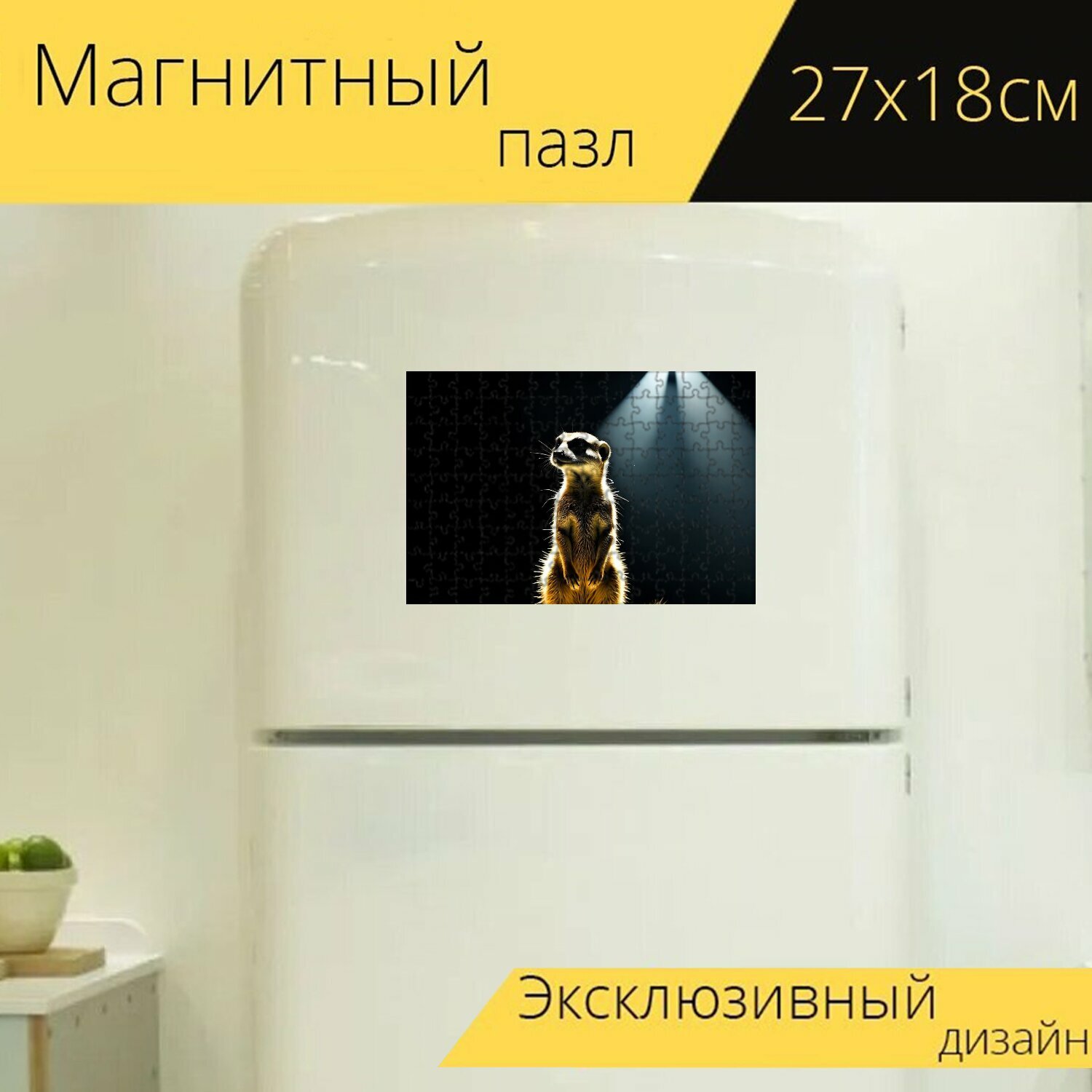 Магнитный пазл "Силуэт суриката на сцене, освещённый ярким светом сверху, на темном фоне. Сурикат стоит прямо, создавая эффект загадочности и." на холодильник 27 x 18 см.