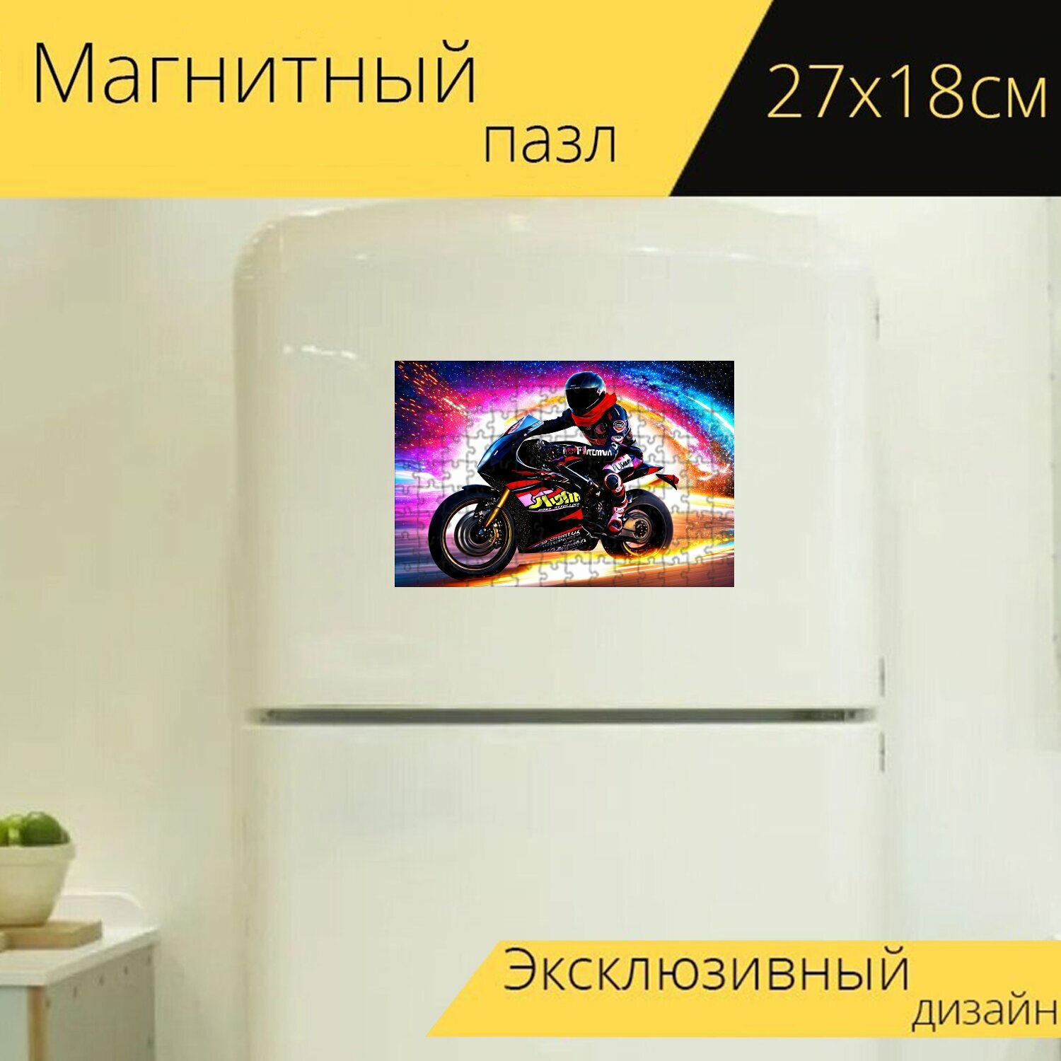 Магнитный пазл "Мотоциклист на спортивном мотоцикле, мчащийся через космическое пространство с завихрениями галактик и яркими звездами. На мотоцикле." на холодильник 27 x 18 см.