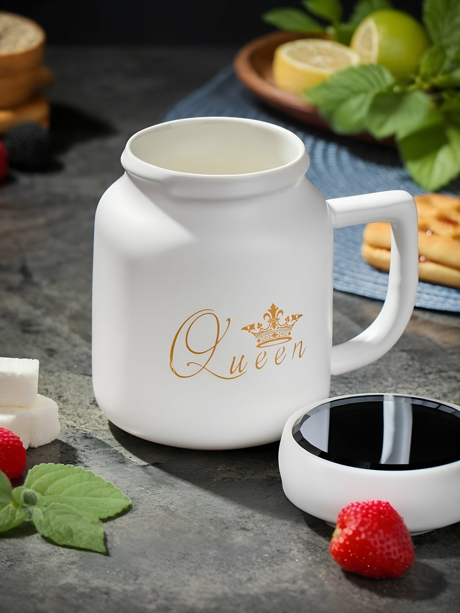 Керамическая кружка 450 мл с крышкой "Королева", белая, для СВЧ