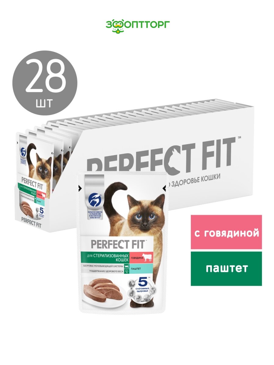 Perfect Fit влажный корм паштет для стерилизованных кошек, говядина, 75 г х 28 шт, мясо