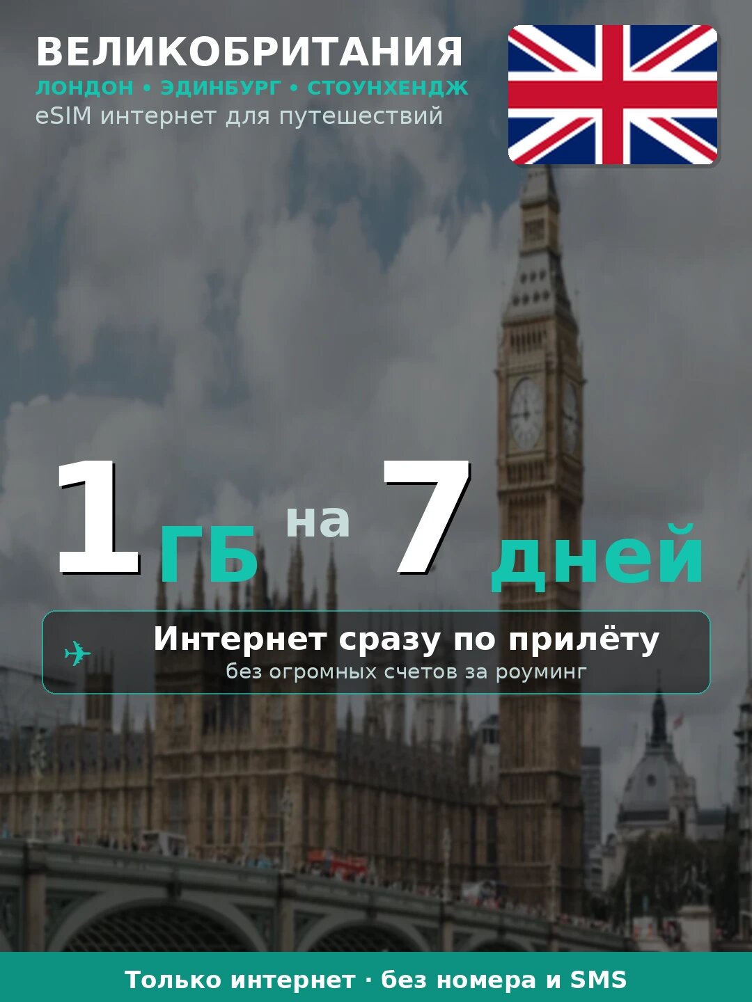 ESIM Великобритания — мобильный интернет 1 ГБ на 7 дней | виртуальная SIM-карта для путешествий