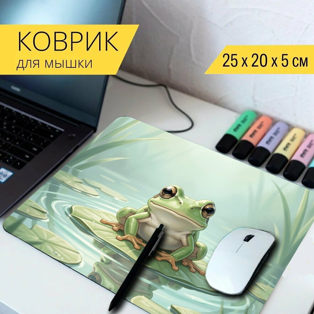 Коврик для мыши с принтом "Лягушка на кувшинке. Изумрудный обитатель пруда сидит на круглом листе среди туманной воды, мягкие пастельные оттенки, отражение в глади." 25x20см.