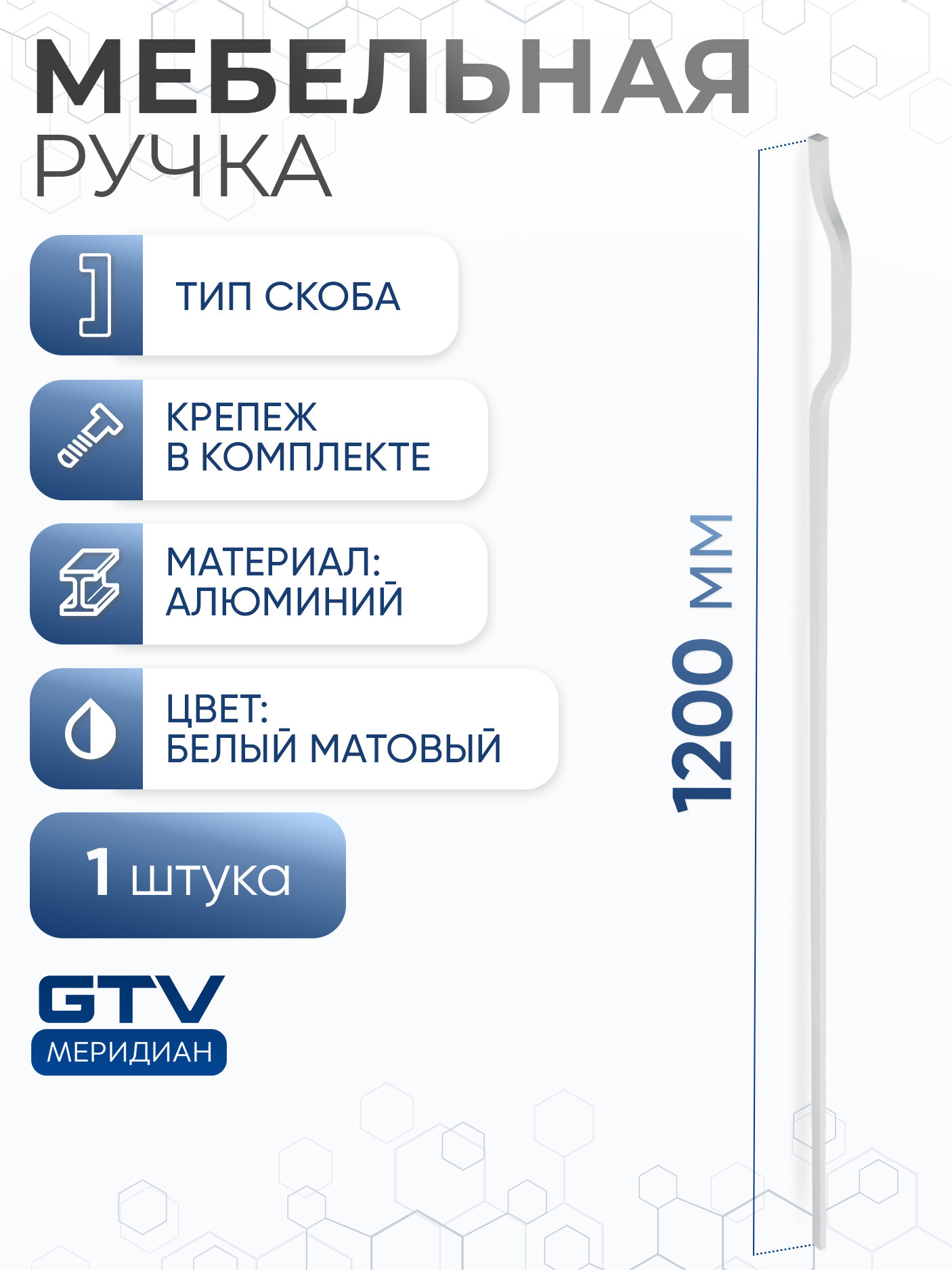 Ручка мебельная скоба алюминиевая 1200 мм GRAVEL белый матовый