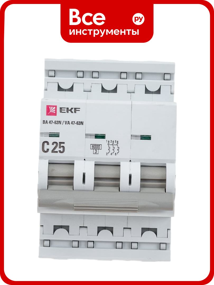 Автоматический выключатель EKF 3P 25А (C) 6кА ВА 47-63N PROxima M636325C модульный тип, белый корпус