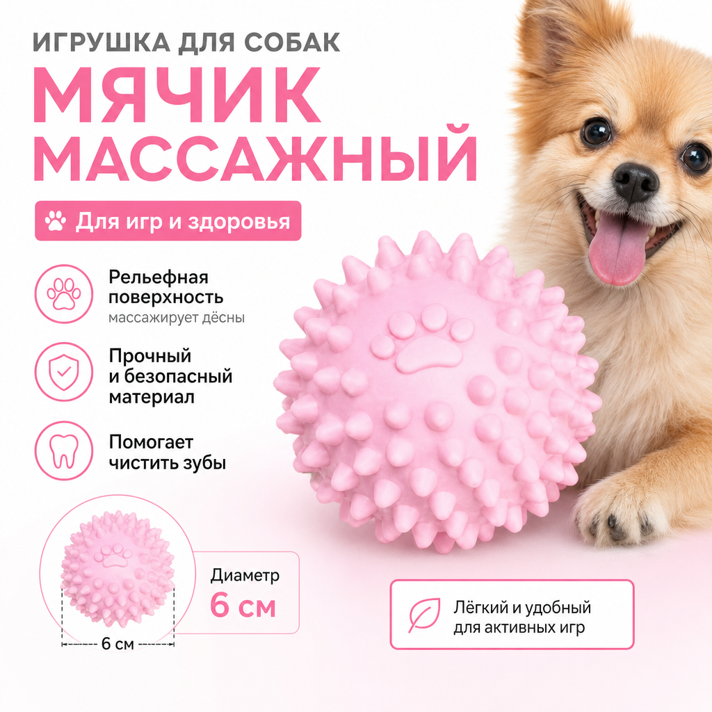 Игрушка для собак мяч с шипами розовый, резиновый мячик для щенков, игрушка для чистки зубов собак мелких и средних пород, каучук