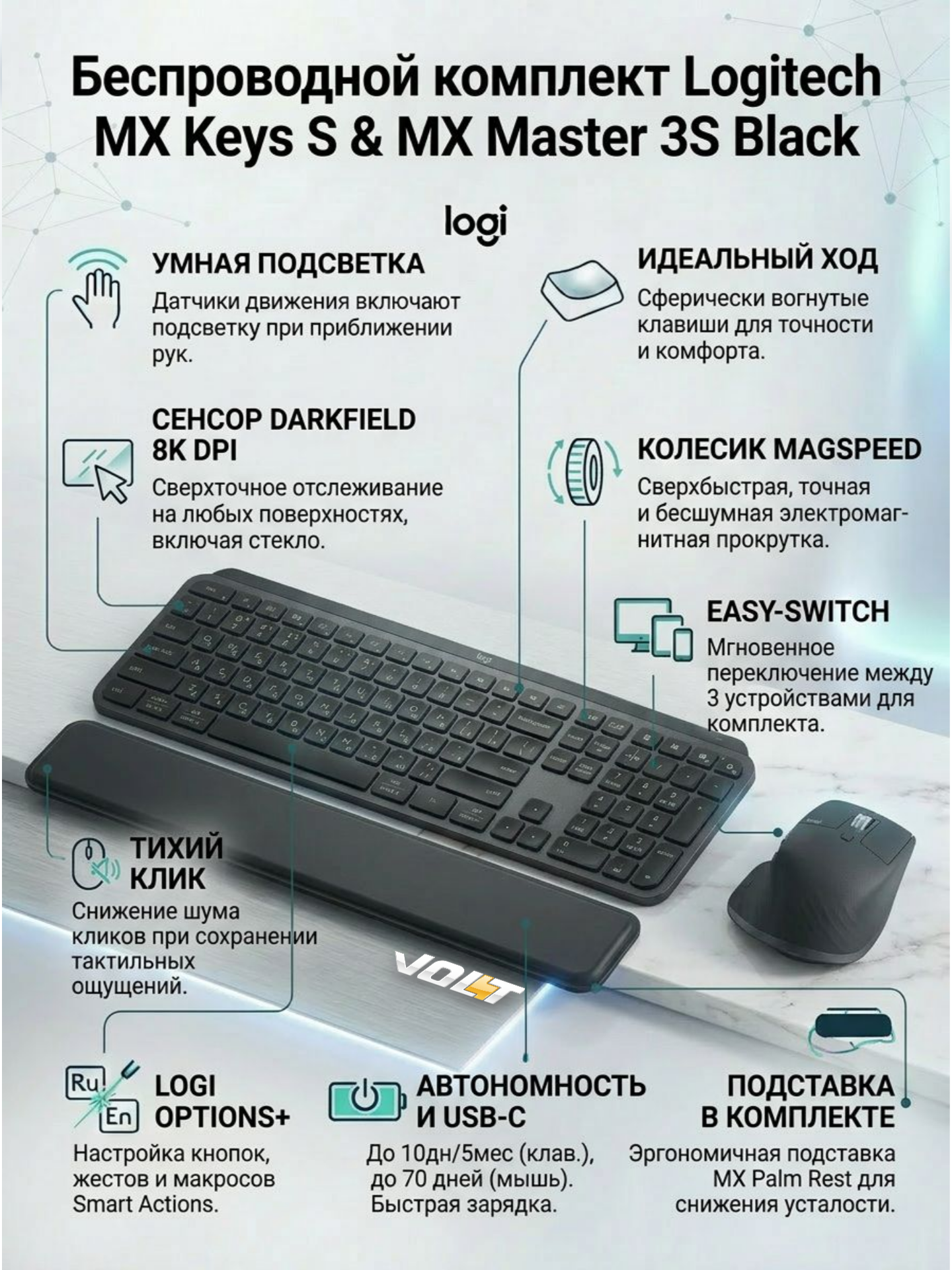 Клавиатура + мышь Logitech MX Keys S Combo Black (русско-английская раскладка | гравировка с подсветкой)