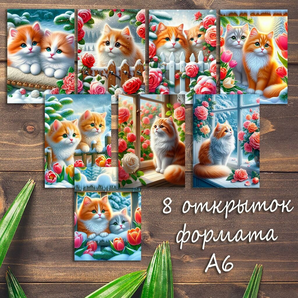 Большой набор открыток Весна и котики, 8 штук