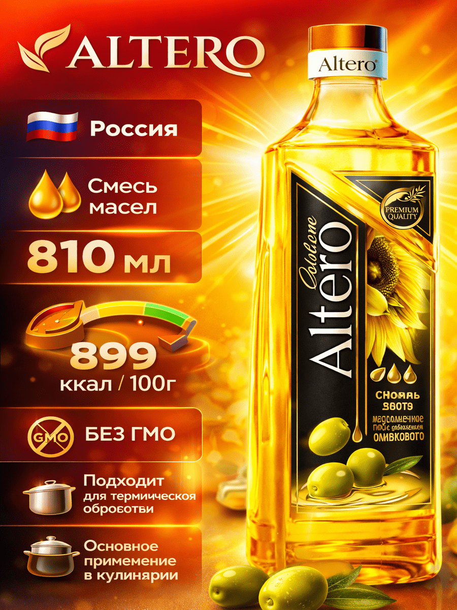 Масло подсолнечное Altero Golden с добавлением оливкового масла рафинированное дезодорированное, 810мл
