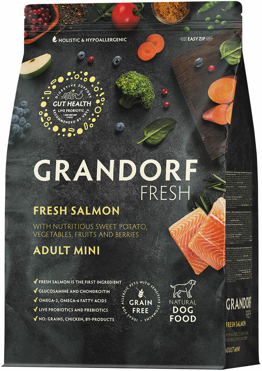 Корм сухой Grandorf Fresh Grain Free Dog Adult Mini Salmon & Sweet Potato беззерновой для взрослых собак мелких пород, лосось, батат, 3 кг