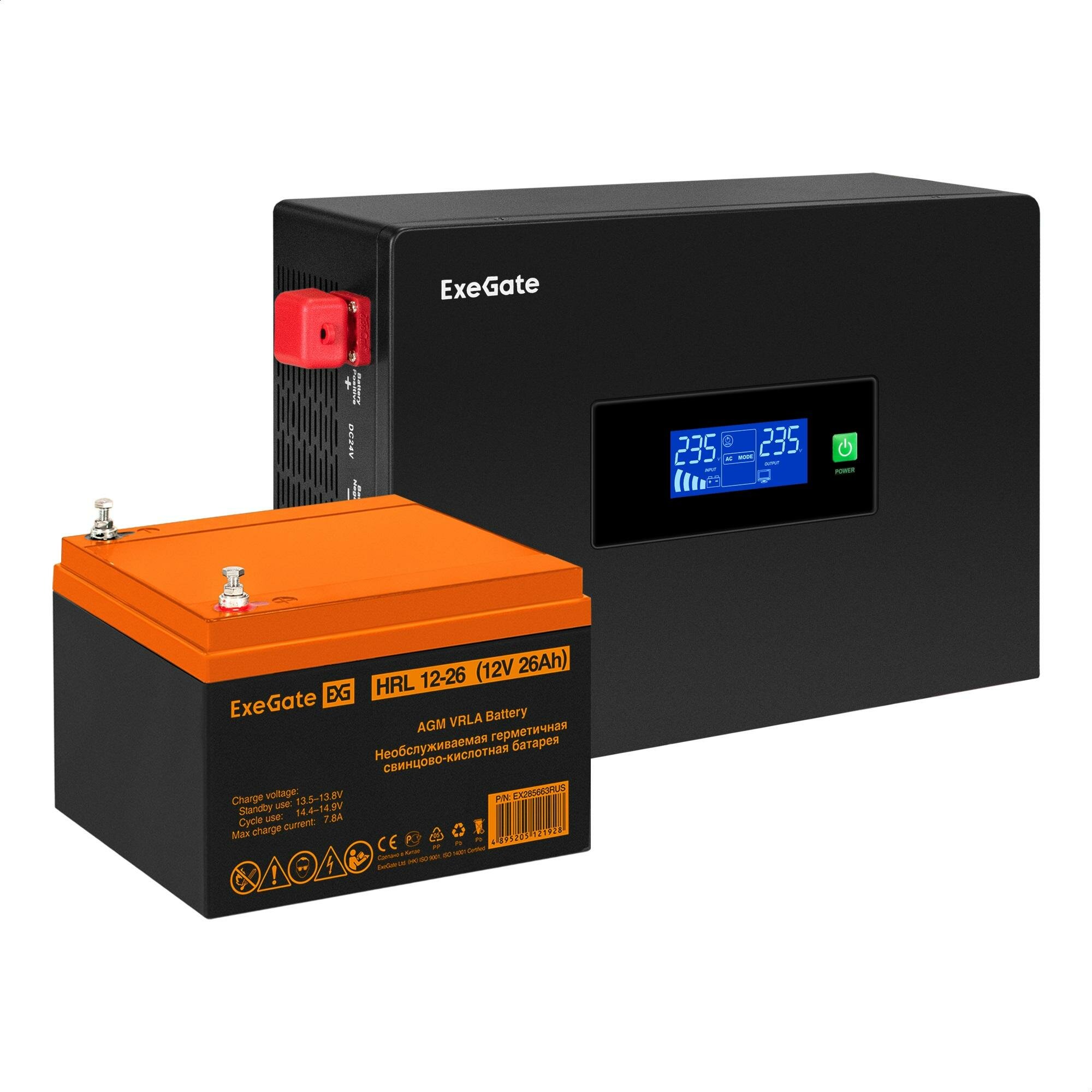 Комплект ИБП EX295992RUS + батарея 26Aч EX285663RUS 1шт (инвертор, синус, для котла, PF=1, настенный) ExeGate IdealSine SR-600. LCD.2SH <600VA/600W,