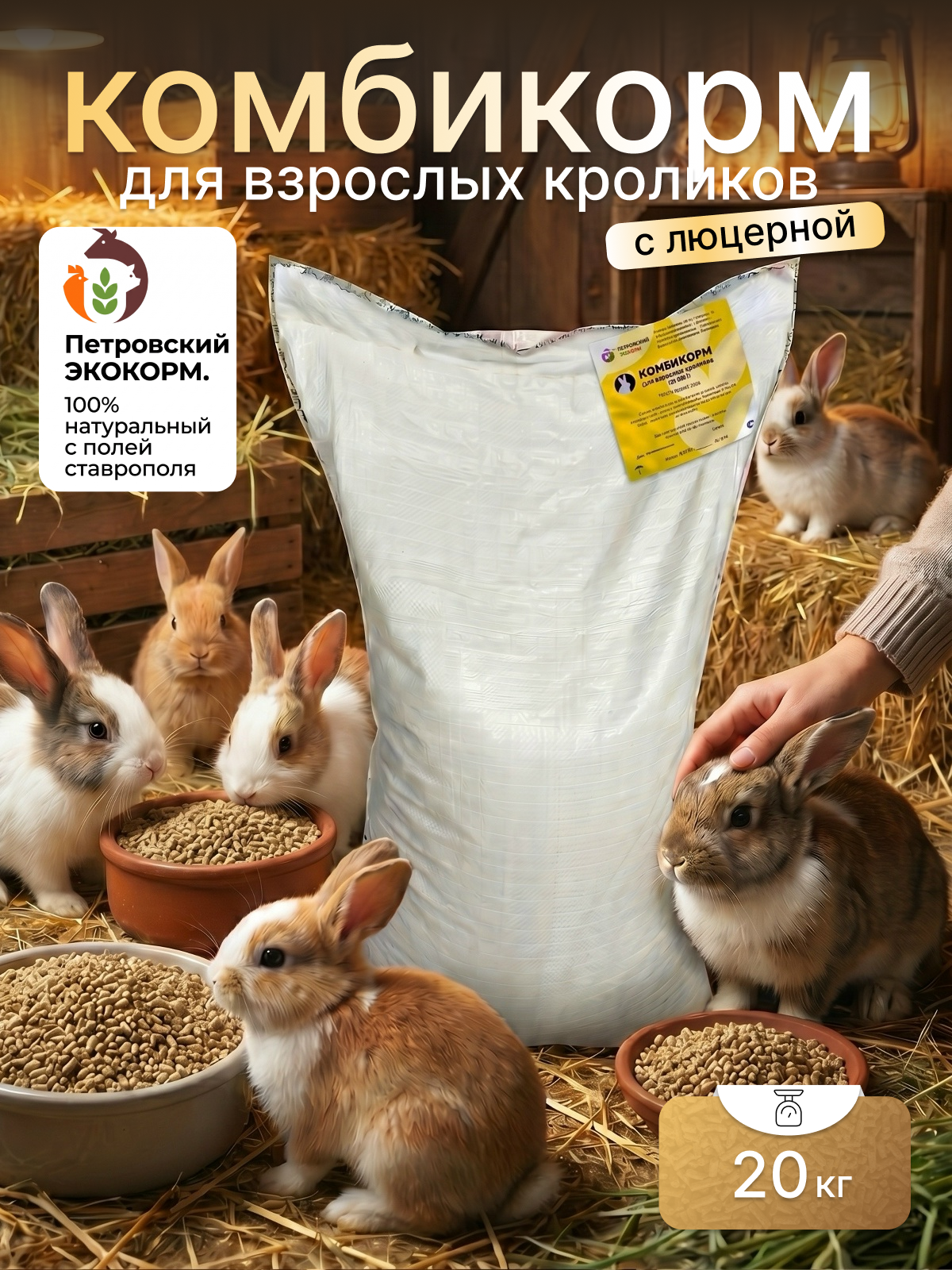 Комбикорм для взрослых кроликов с люцерной Петровский Эко корм экологически чистый
