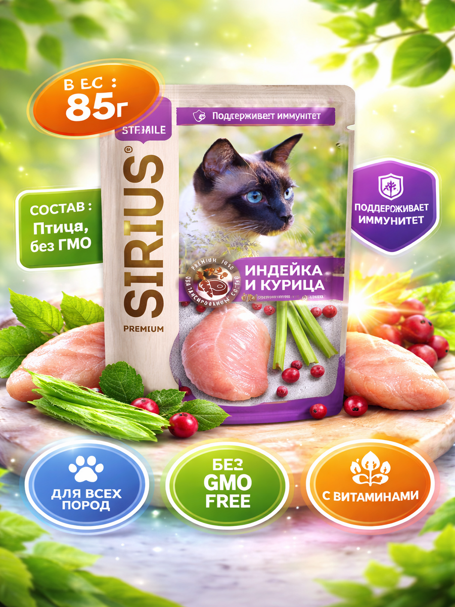 Корм влажный Sirius Premium для стерилизованных кошек с индейкой и курицей, 85г