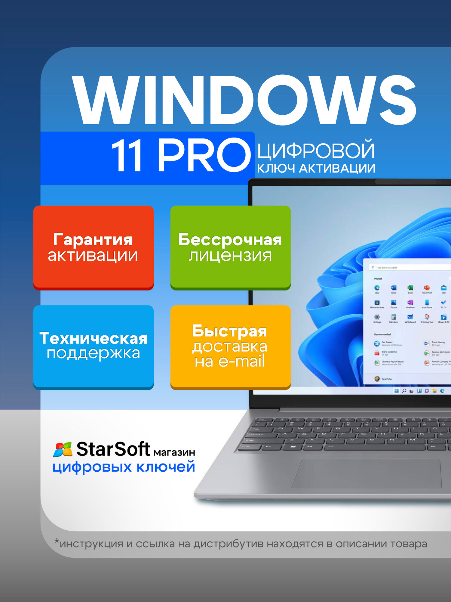 Microsoft Windows 11 Pro - ключ активации, бессрочная лицензия, Все языки, гарантия